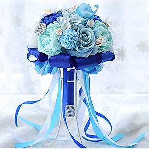 Wedding Bridal Bouquet Home Beach Seashell Wedding Bouquet Silk Roses Wedding Flowers Holding Tossing Flower Bride Rose Flowers Hydrangea Garden Bouquets Blue Beach Bouquet Starfish Bridal Bouquet