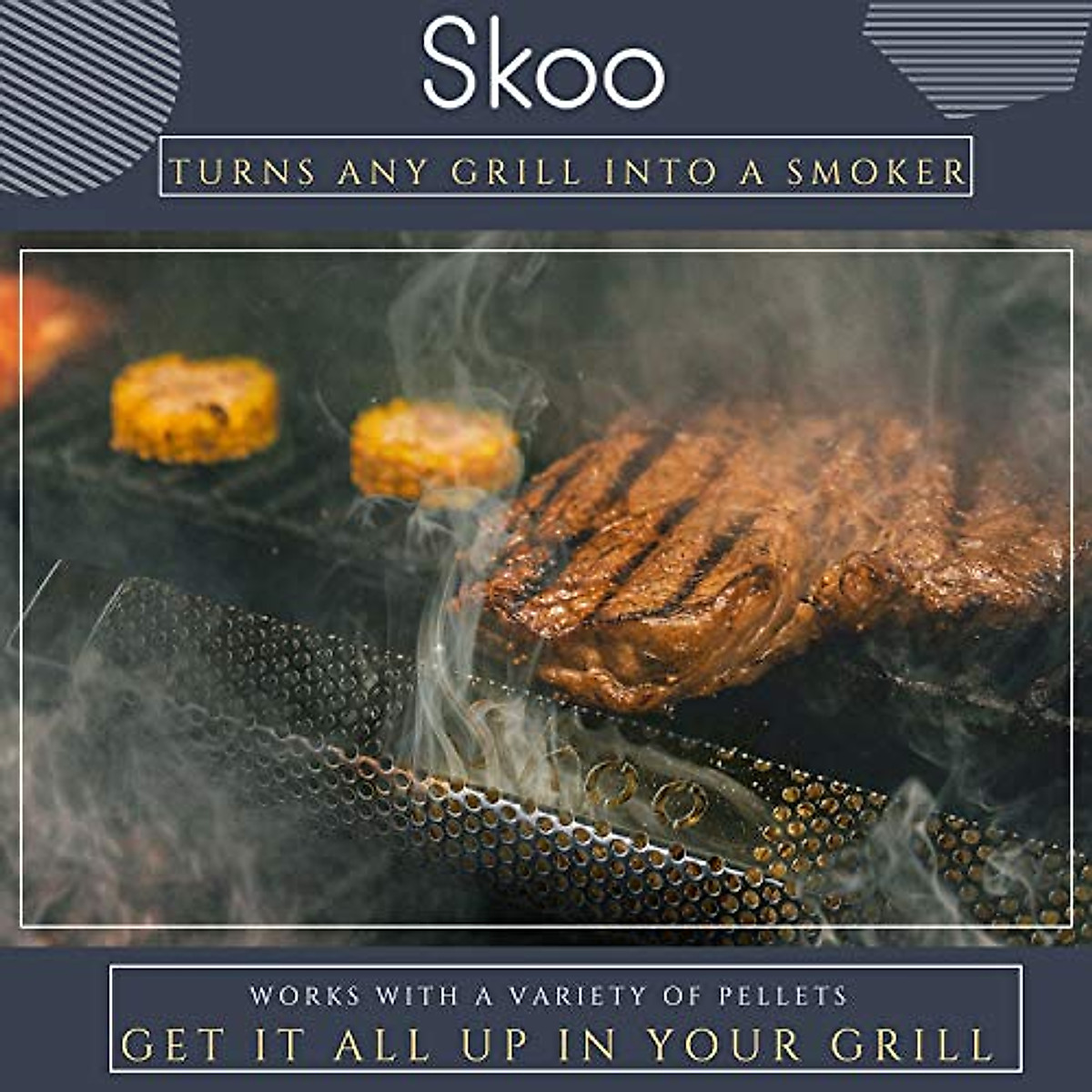 Skoo Pellet Smoker - BBQ Hexagonal Smoking Tube + Brush + Hook + Free EBook + Digital User Guide - 5 Hours of Billowing Smoke - For Electric, Gas, Charcoal Grills or Smokers