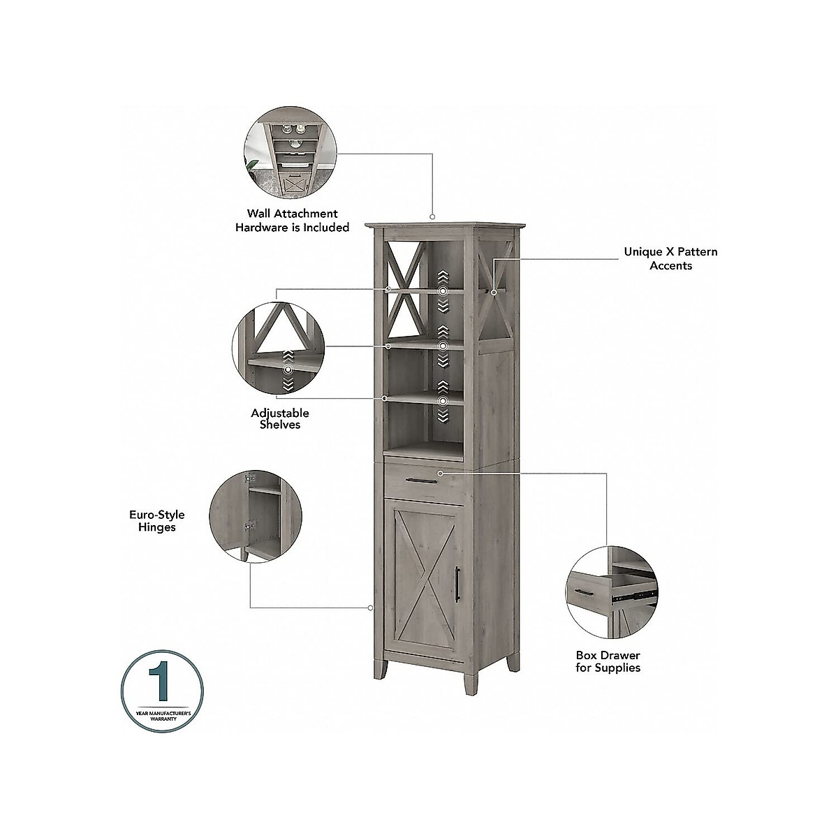 Bush Furniture Key West Bathroom Tall Narrow Bookcase Cabinet, Driftwood Gray