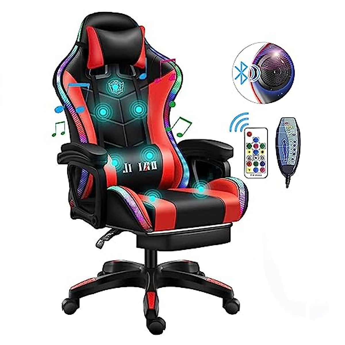 BOYIDAI Gaming Chair with Footrest, Ergonomic Gaming Chair with Speakers and LED Light High Back Massage Video Game Chairs Pu Leather Comfortable Computer Office Chair (Color : Red+Black)