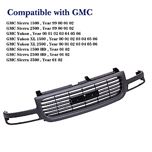 JustDrivably Front Grille Grill Compatible With 1999-2002 GMC Sierra 1500 2500/2001-2002 Sierra 1500HD 2500HD 3500HD /2000-2006 Yukon