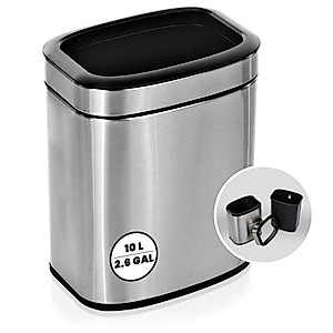 Alpine 10 Liter Small Bathroom Trash Can No Lid - Open Top Stainless Steel Bathroom Trash Can 2.6 Gallon, Slim Silver Trashcans for Bedroom, Office, Desk, Kitchen with Removable Bin for Easy Disposal