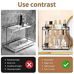 QTTCMY 2 Tier Bathroom Cabinet Countertop Organizer Perfume Lipstick Makeup Organizer Cosmetics Storage Display Rack Vanity Tray Metal Dresser Storage Shelf White Marble Ceramic Tray Black