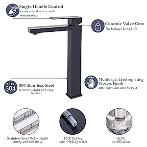 TNOMS Black Bathroom Faucet, Tall Vessel Sink Faucet Single Handle Lead-Free Stainless Steel Modern Basin Faucet Fit Household or Commercial, H005-BK