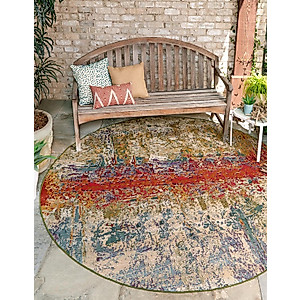 Unique Loom Outdoor Modern Collection Area Rug - Crumpled (3' 3" Round, Multi/ Gold)