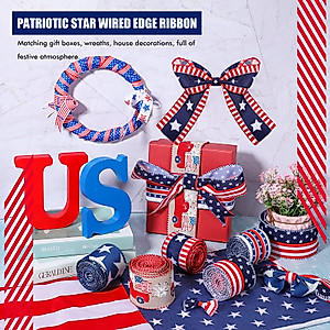 5 Rolls Star Wired Edge Ribbon 2.5 Inch Patriotic Ribbon Stars Stripes Satin Ribbon 4th of July Grosgrain Ribbon Halloween Thanksgiving Christmas Decoration for DIY Crafts Supplies Wreath Garland