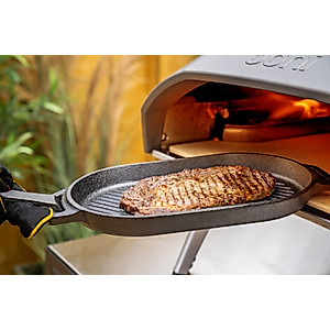 Ooni Cast Iron Grizzler Pan - Grill Frying Pan, 12" x 6" Griddle Plate with Removable Handle and Stainless Steel Trivet, Pre-Seasoned Non-Stick Oven Safe Cookware, Pizza Oven and BBQ Accessories