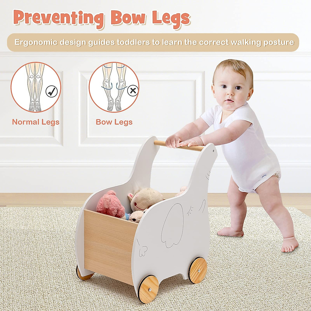 GLACER 2-in-1 Baby Learning Walker, Wooden Toy Stroller w/Rubber Ring Wheels, Kids Elephant-Shaped Shopping Cart, Toddler Push & Pull Wagon Cart for Over 1 Year Old, Gift for Boys & Girls, White