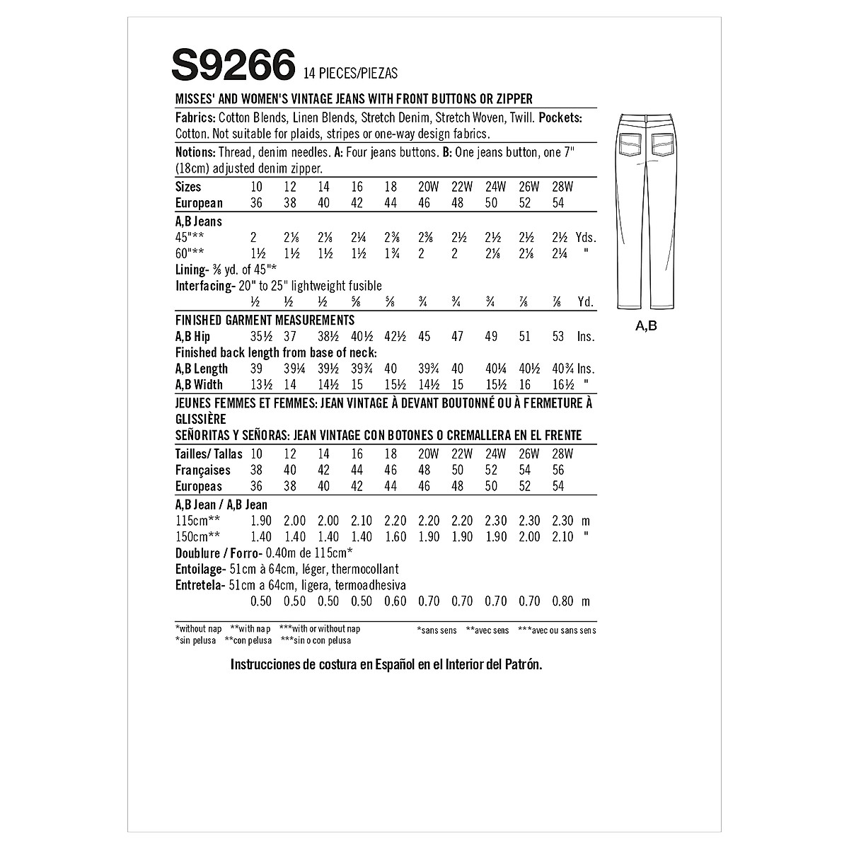 Simplicity Misses' and Women's Vintage Jeans Packet, Code 9266 Sewing Pattern, Sizes 20W-28W, White