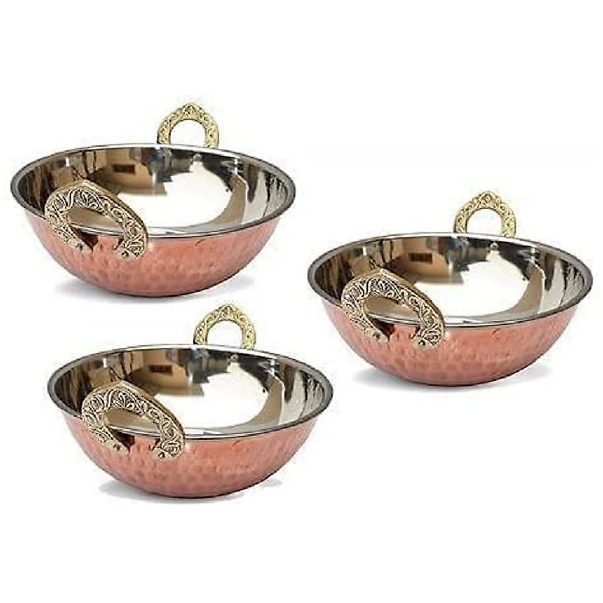Nexxa -Set of 4, Indian Copper Serveware Karahi Vegetable Dinner Bowl with Handle for Indian Food, Diameter 13 Cm Approx