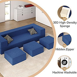 Vivaadecor 80'' Folding Sofa Bed, Velvet Floor Couch Bed with 3Ottomans& Washable Cover, Memory Foam Couch, Fold Out Futon Sleeper for Guest/Living Room/Playroom, Queen, Blue