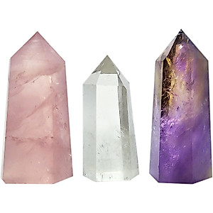 Mina Heal Healing Crystal Wands Point Faceted Prism Bars for Reiki Chakra Meditation Therapy Home Decoration Set of 3 (Rose Quartz, Clear Quartz & Amethyst)