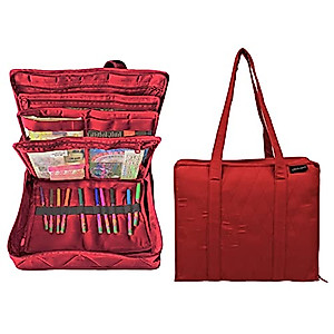 Yazzii Crafter's Companion Organizer Bag with 16 Pockets - Arts & Crafts Storage Tote Organizer - Multipurpose Storage Organizer for Crafts, Sewing & Quilting Notions, & Art Supplies Red