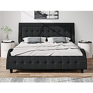 SHA CERLIN Queen Size Box-Tufted Platform Bed Frame/Faux Leather Upholstered Bed Frame with Adjustable Headboard/Wood Slat Support/Wave-Like Modern Bed/Low Profile/Black