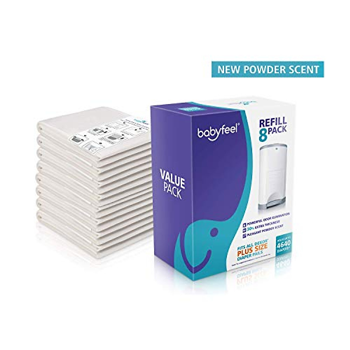 Babyfeel Refills Compatible with DEKOR PLUS Diaper Pails | 8 Pack | Exclusive 30% Extra Thickness | Diaper Pail Refills with Powerful Odor Elimination | Fresh Powder Scent | Holds up to 4640 Diapers