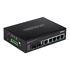 TRENDnet 6-Port Hardened Industrial Gigabit PoE+ DIN-Rail Switch, 4 x Gigabit PoE+ Ports, Shared Gigabit Port (RJ-45/SFP), Dedicated SFP, 120W Power Budget, IP30, Lifetime Protection, Black, TI-PG62