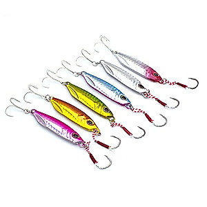 Jigging Lures Fishing, 30g Slow Jig Baits, Offshore Micro Jigs for Tuna King Sna Grouper Bass, Metal Jig with Treble Hook and Assist Hooks 7Pieces/6Pieces