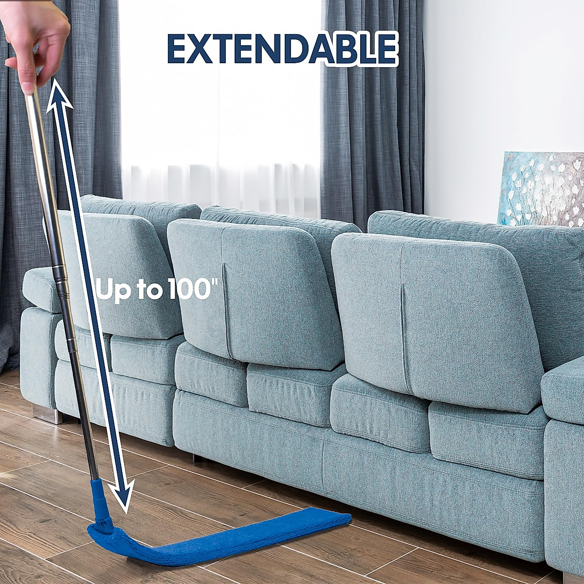 Retractable Gap Dust Cleaner with Extension Pole, Cleaning Tools with 3 Microfiber Dusting Cloths, Extendable Long Handle Duster for Cleaning Under Refrigerator Sofa Couch Bed Furniture Appliance Blue