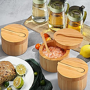 Bamboo Salt Cellar with Mini Spoon by HTB, Kitchen Salt Box with Swivel Magnetic Closure Lid, Round Salt Container to Storage Pepper Spice Bath Salt Sea Salt