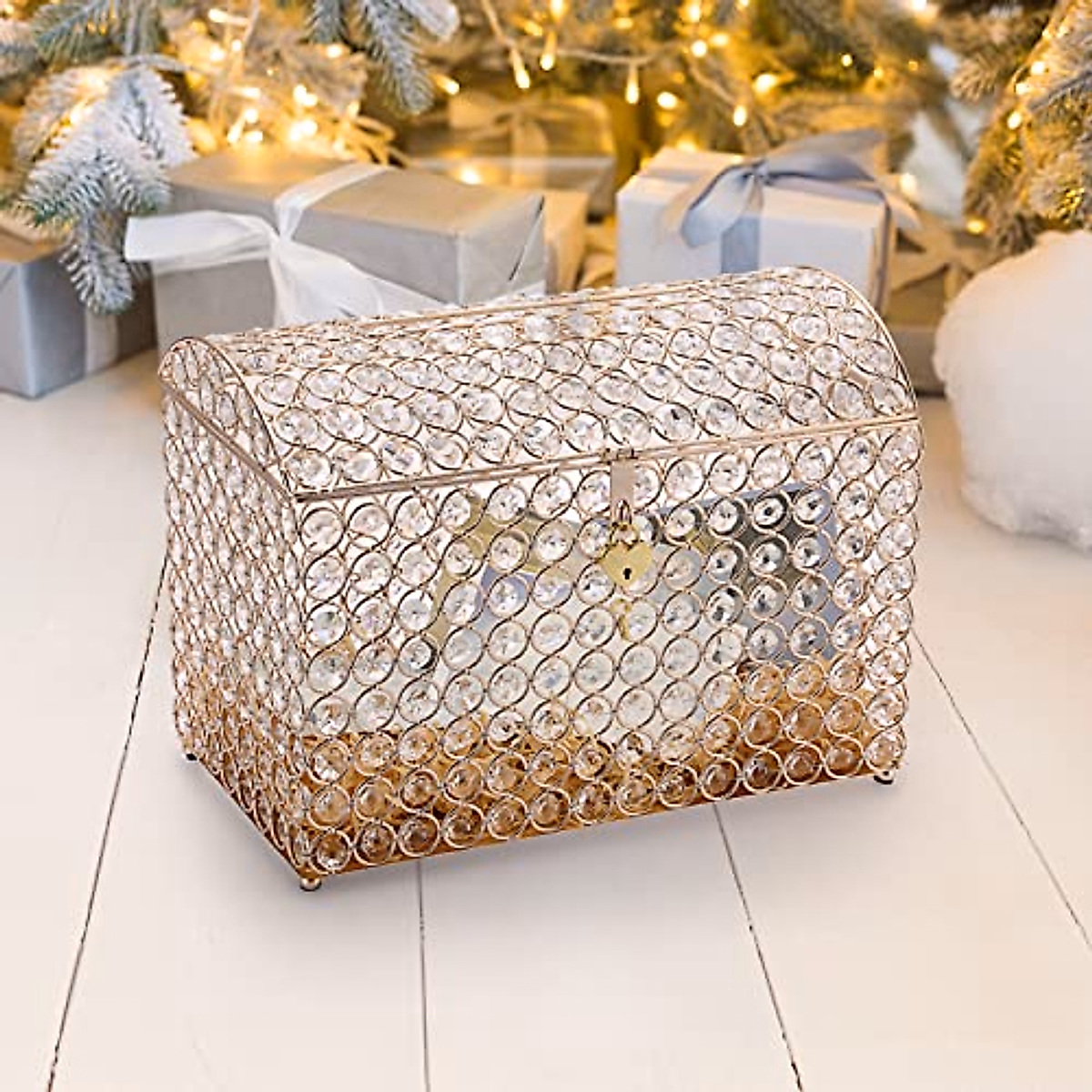 ELLDOO Crystal Wedding Card Box with Heart Lock, Money Card Box Treasure Chest Style Gold Gift for Wedding Receptions, Centerpiece Decor, Anniversary, Keepsake, Gift Display Box