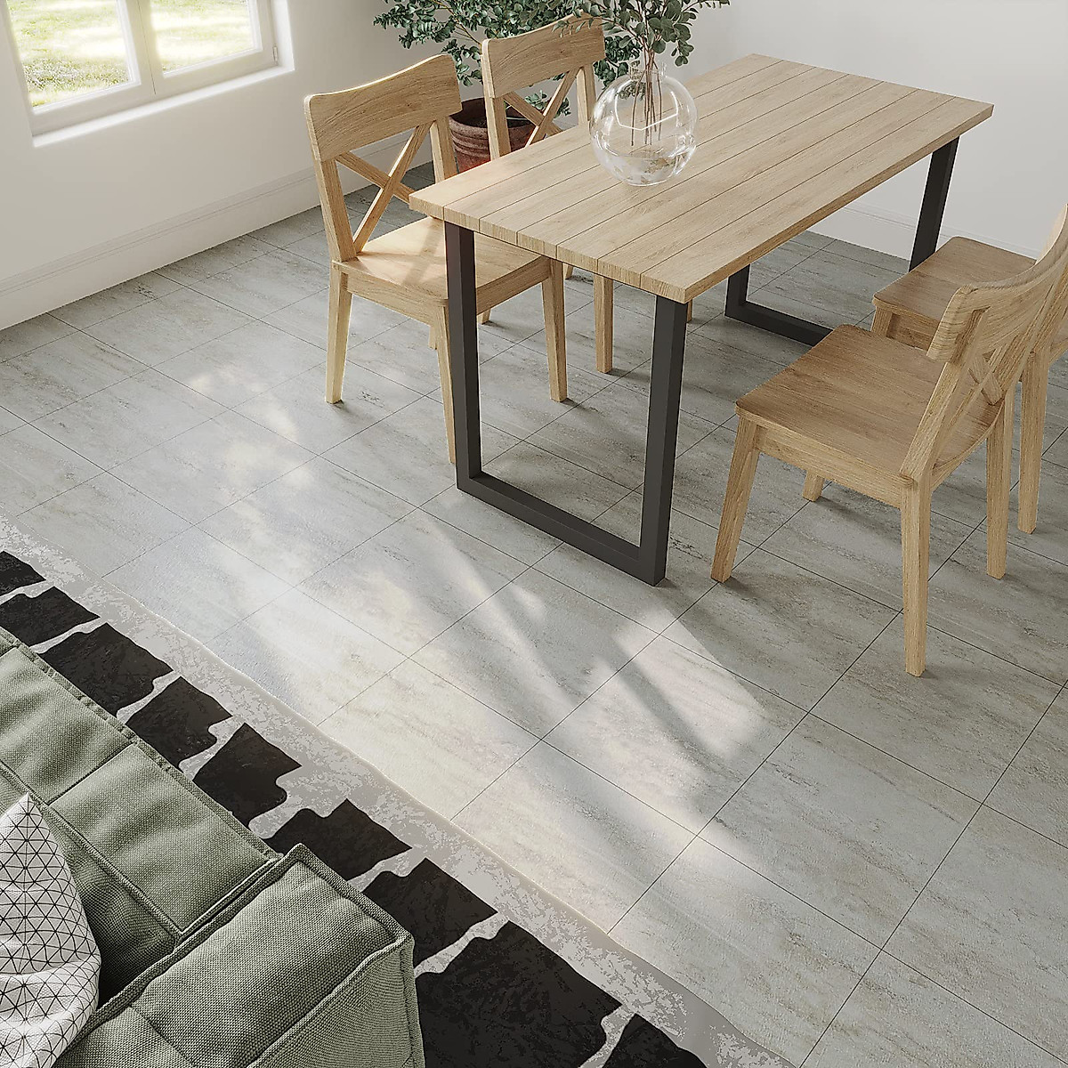 VEELIKE Travertine Peel and Stick Floor Tile - Waterproof Beige Vinyl 12''x12'' 4 Pack - Marble Stick-On Laminate for Bathroom Kitchen - Adhesive Temporary Flooring for Renters