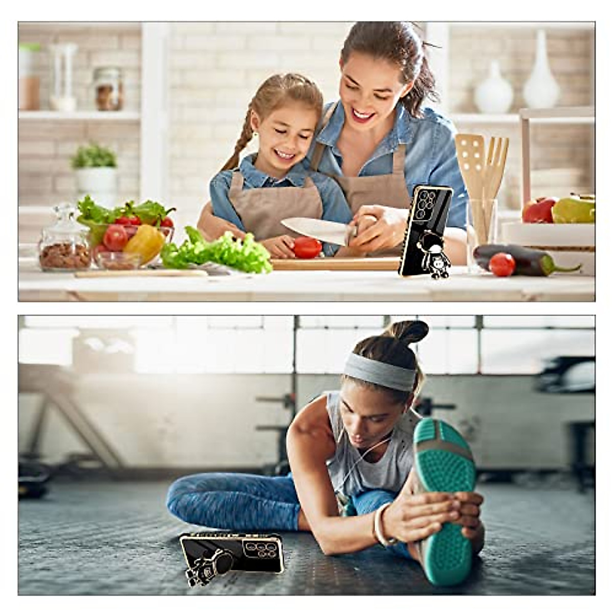 Jusy Samsung Galaxy S22 Ultra 5G Case - 6D Plating Astronaut Stand, Camera Protector, Shockproof Bumper, Love Heart Theme, Elegant Design for Girls & Women - Black