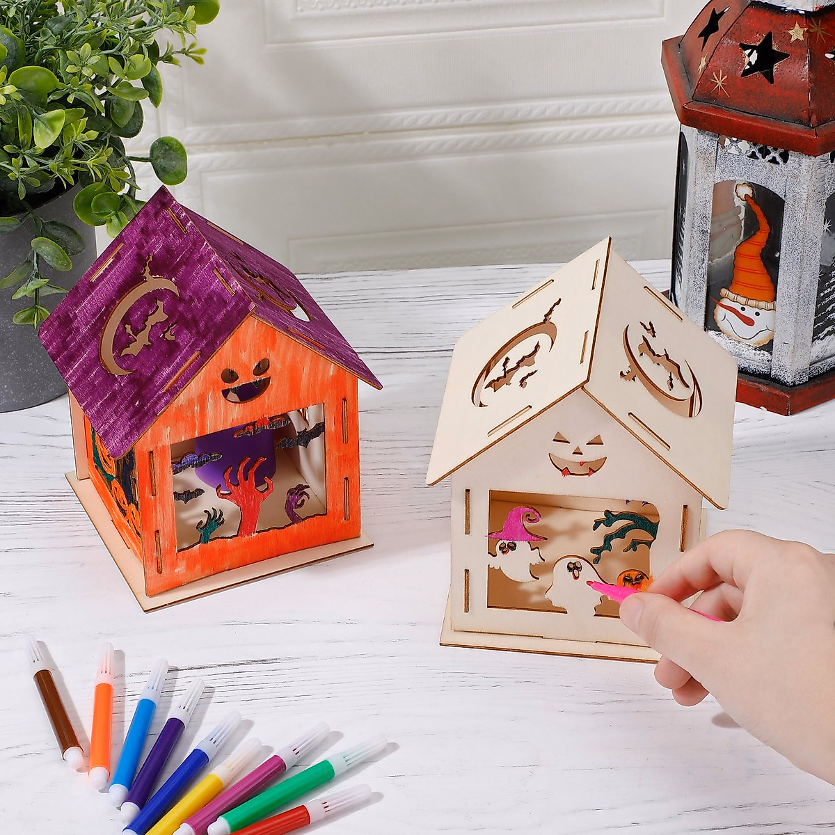 Wettarn Halloween Haunted House with Colors Markers, Wooden Graffiti Crafts Halloween Painting Crafts Kit Pumpkin Witch Ghost Haunted House Craft for Kids DIY Paint Art (9 Pcs)