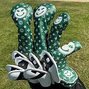 Stars and Smiles Golf Driver Headcover, Green Leather Golf Club Covers for Driver,460cc Golf Driver Cover Head Cover fits for All Brand