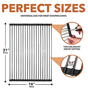 Roll Up Dish Drying Rack 21" x 16" - Over The Sink for Kitchen Counter, Foldable SUS304 Stainless Steel Dish Drying Rack for Cups, Utensils, Fruits, Vegetables