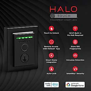 Kwikset Halo Touch Contemporary Square Wi-Fi Fingerprint Smart Lock No Hub Required featuring SmartKey Security in Matte Black (99590-004)