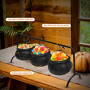 Zhitaoxun 3pcs Witches Cauldron Serving Bowls with Iron Rack,Halloween Party Decotations,Black Plastic Candy Bucket Cauldron Bowls for Halloween Outdoor and Indoor Decor