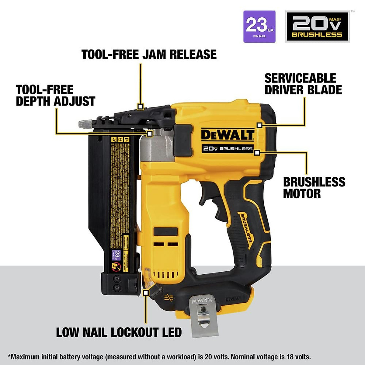 DEWALT ATOMIC Compact Series™ 20V MAX* Brushless Cordless 23 Ga. Pin Nailer (Tool Only) (DCN623B)