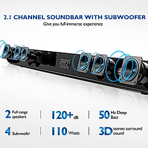 Sound Bar Soundbar TV Speaker: 110 Watt 2.1 CH Surround System Home Theater with Built-in Subwoofer Wireless Wired Bluetooth 5.0 Optical AUX HDMI-ARC RCA USB Connectivity