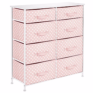mDesign 35.3" High Steel Frame/Wood Top Storage Dresser Furniture, 8 Slim Fabric Drawers, Large Bureau Organizer for Baby, Kid, Teen Bedroom, Nursery, Playroom, Dorm, Pink/White Polka Dot