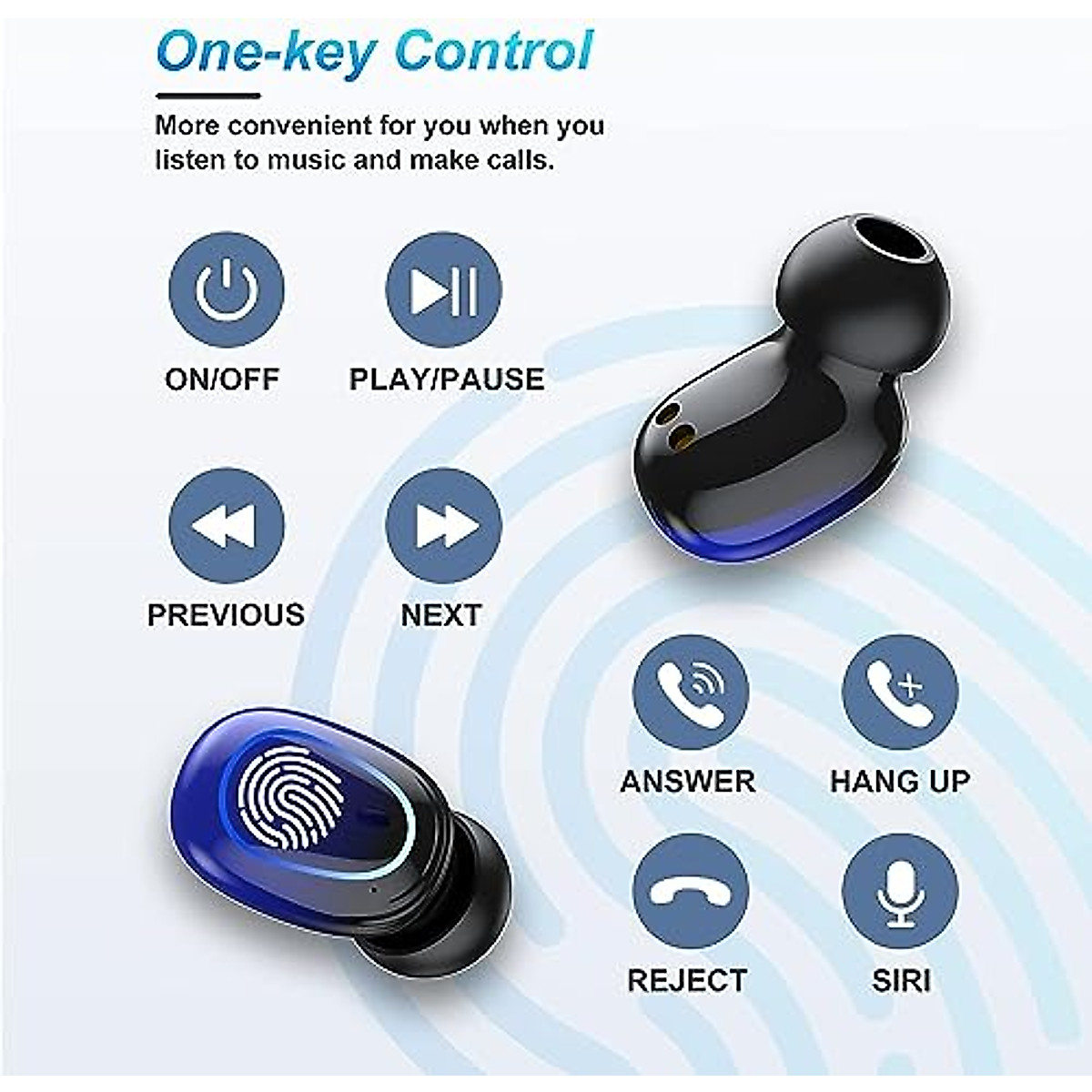 Kinganda Bluetooth Headphones True Wireless Earbuds Touch Control with LED Charging Case, IPX7 Waterproof, HiFi Stereo in Ear Earphones, Deep Bass Sports Ear Buds with Built-in Mic Blue