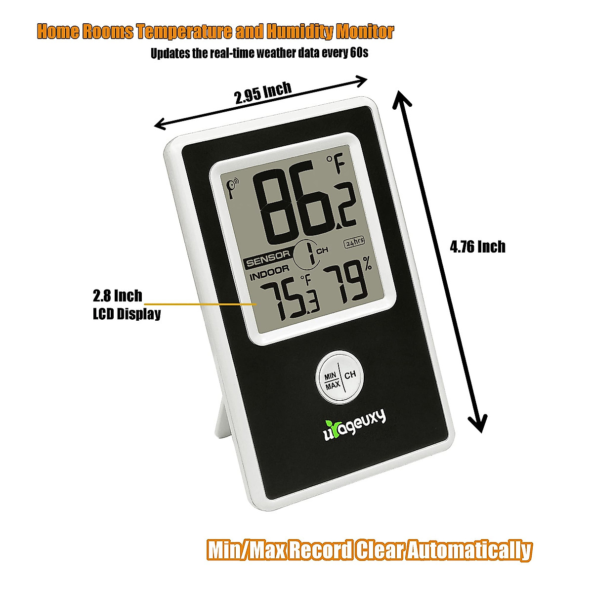 Urageuxy Digital Indoor Temperature Monitor Wireless Outdoor Thermometer Sensor up to 300ft 24H Min Max Records Ideal for Patio Garden Room