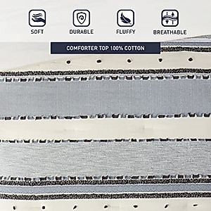 Hyde Lane Boho Blue King Comforter Set ，Modern Farmhouse Tufted Bedding Sets, Cotton Top with Neutral Rustic Style Clipped Jacquard Stripes, 3-Pieces Including Matching Pillow Shams (104x90 Inches)