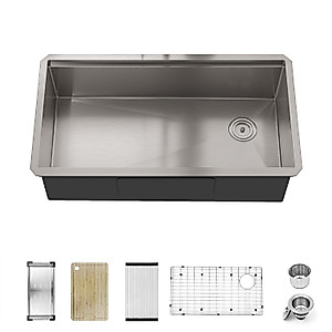 Sinber 32" x 19" x 10" Undermount Single Bowl Workstation Kitchen Sink with 16 Gauge 304 Stainless Steel Satin Finish 6 Accessories KSS0001S-OK