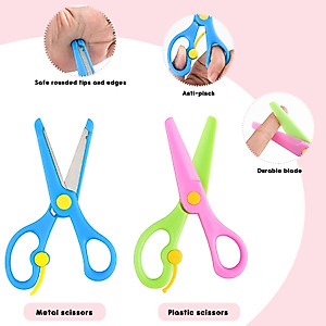 ASTARON 2 Kids Safety Scissors with 100 Pcs Paper Cutting for Paper Craft Supplies, Kids Preschool Training Scissors, Art Craft Plastic Scissors for School Supplies and Scrapbooking Supplies