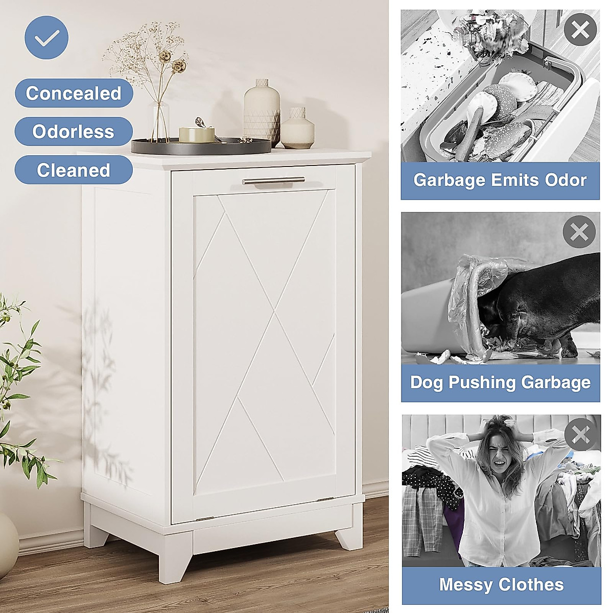 FiveWillowise Tilt Out Trash Cabinet, Kitchen Trash Can Cabinet w/Negative ion and deodorizing Function, Dog Proof 20 Gallon Garbage Can Cabinet for Kitchen, Bathroom, Living Room, White