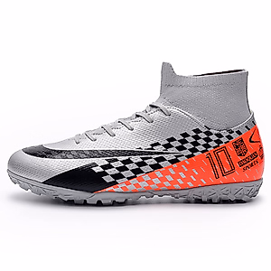 WINGFAI Men's Soccer Shoes Cleats Professional High-Top Breathable Athletic Football Shoes Outdoor/Indoor Professional Futsal Football Training Sneakers Silver 4 US