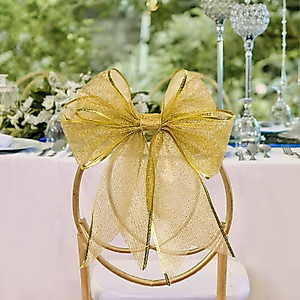 PAPER FAIR 1 Roll 4 Inch Wide 10 Yd Gold Glitter Wired Ribbon, Metallic Gold Mesh Wired Edge Ribbon for Christmas Tree Décor, Gift Wrapping Box, Bows, Wreath, Garland, DIY Craft