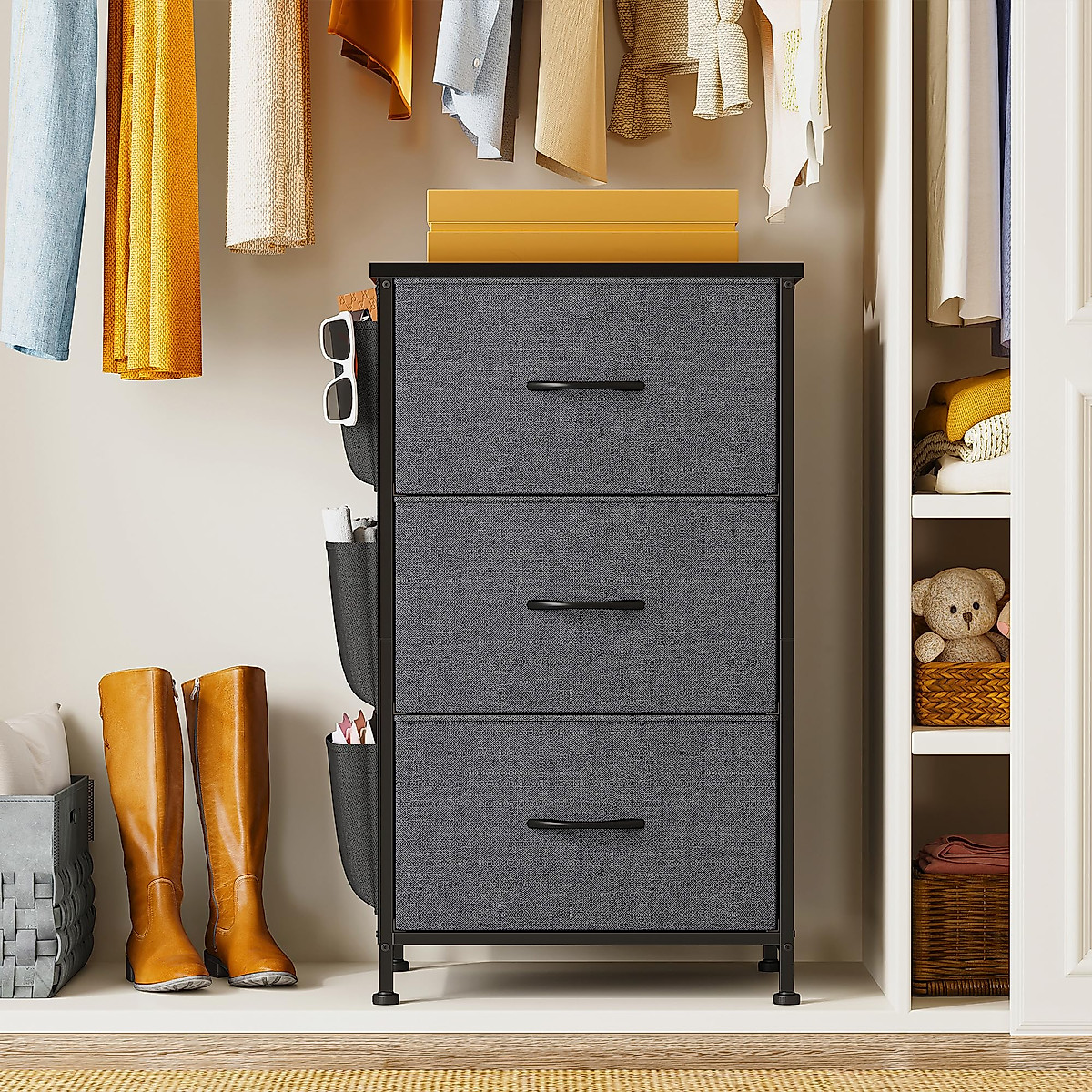 EnHomee Nightstand with 3 Drawers, Night Stand for Bedroom, Bedside Table with Wooden Top, Sturdy Steel Frame End Table, Small Dresser for Bedroom, Living Room, Grey