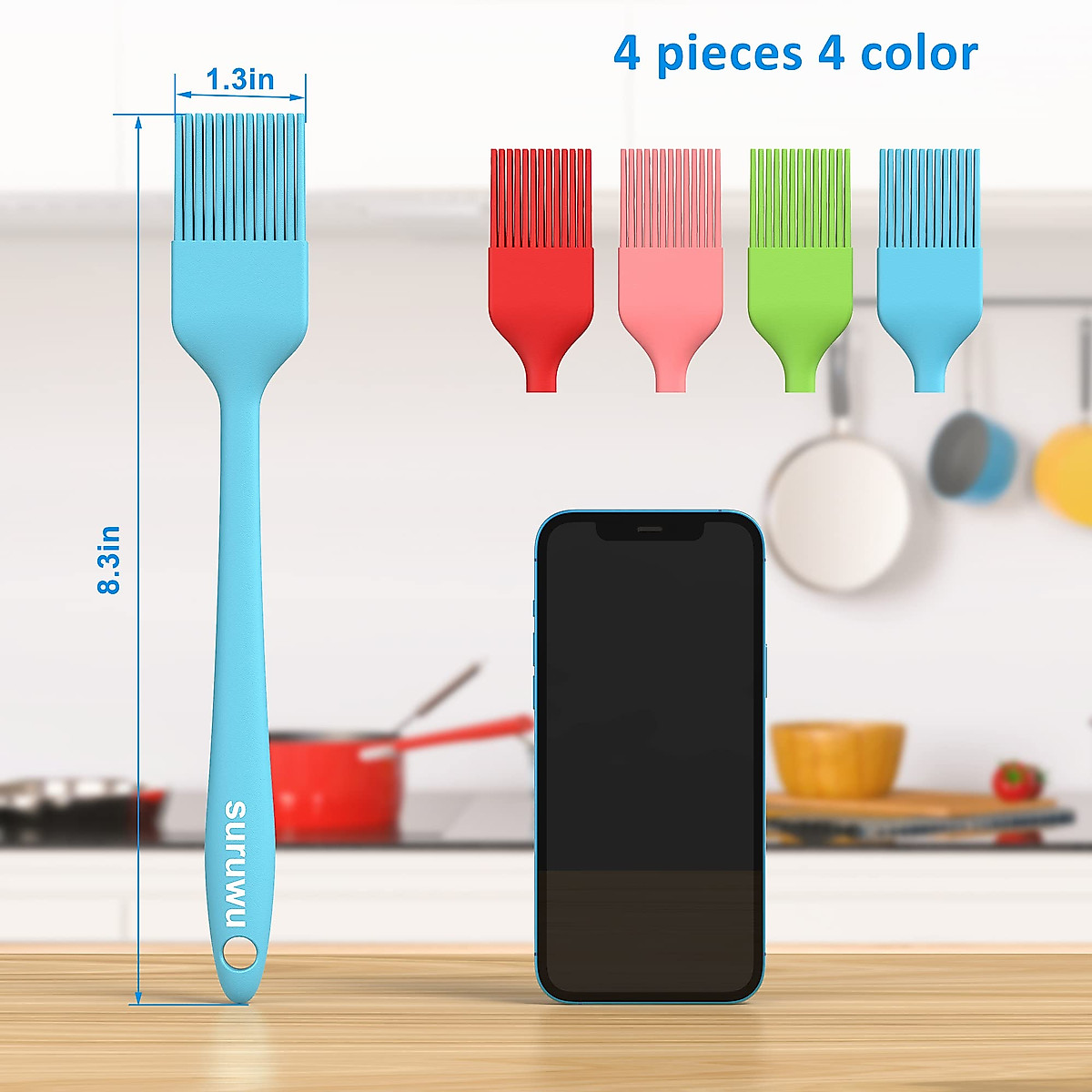 4 Pack Pastry Brush, Suruwu Silicone Basting Brushes Oil Sauce Marinades Butter Spreader with Steel Core, Temperature Resistant for Cake BBQ Grill Baking Kitchen Cooking, Dishwasher Safe