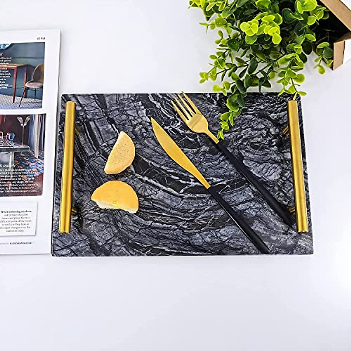 BustleDust Handmade Marble Decorative Tray with Golden Handles,Vanity Tray, Cosmetics Perfume Tray, Jewelery Diplay Tray, Dresser Organizer Tray(Black 11.8 x 7.9 x 0.39in)