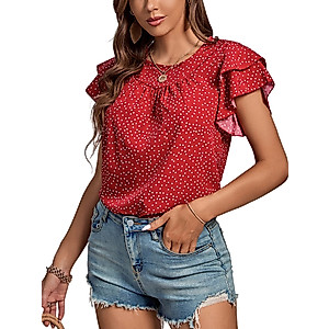 LYANER Women's Polka Dots Scoop Neck Layer Ruffle Trim Short Sleeve Blouse Shirt Top Red Medium