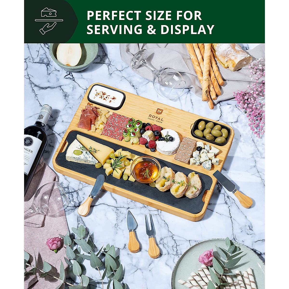 ROYAL CRAFT WOOD Extra Large Bamboo Cheese Board and Knife Set - With Slate Plate and Sauce Bowls