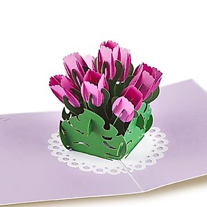 ioyounow Paper Flowers Popup Card - 5x6.75 Inch Pop Up 3D Purple Tulips Greetings Card - Happy Birthday Cards for Sisters – Best Paper Greetings, Thinking of You Gift for Women