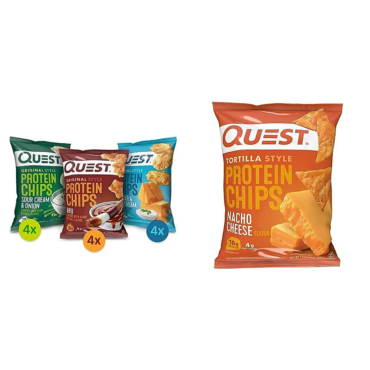 Quest Nutrition Protein Chips Variety Pack (BBQ, Cheddar & Sour Cream, Sour Cream & Onion) and Quest Nacho Cheese Tortilla Style Protein Chips