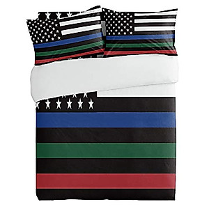 USA Flag Queen Duvet Covers Support Police Military and Firefighters 3-Piece Bedding Sets Luxury Soft Bed Comforter Protector with Pillow Cases for Women Men Girl Boy Thin Blue Green Red Line